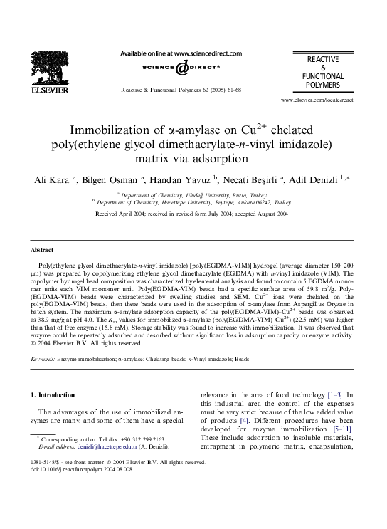 (PDF) Immobilization of α-amylase on Cu 2+ chelated poly(ethylene ...