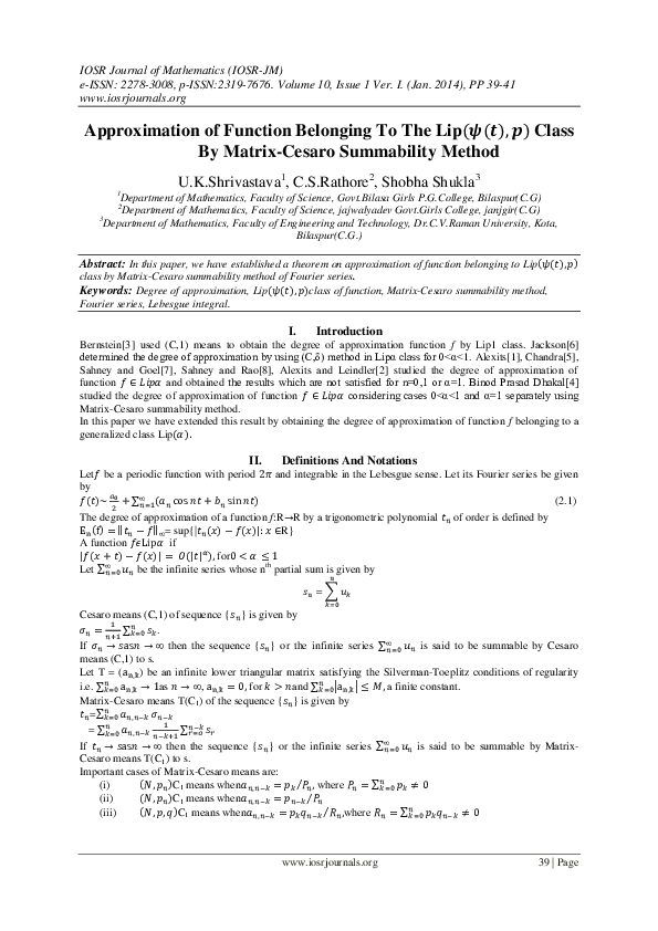 Pdf Approximation Of Function Belonging To The Lip Class By Matrix Cesaro Summability