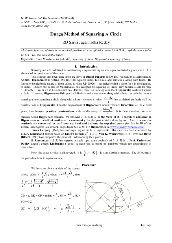 (PDF) Durga Method of Squaring A Circle