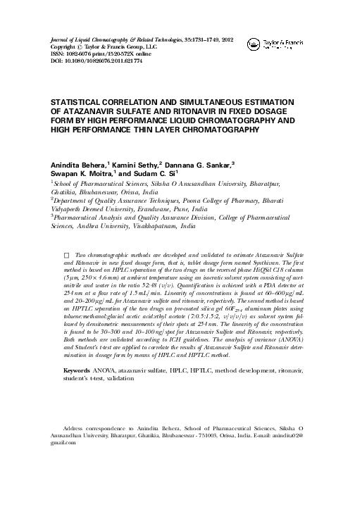 Pdf Statistical Correlation And Simultaneous Estimation Of Atazanavir Sulfate And Ritonavir In