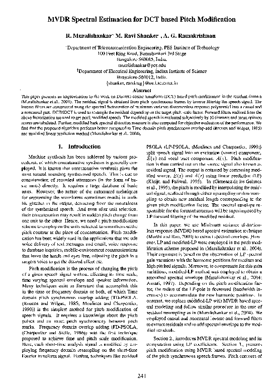 Pdf Mvdr Spectral Estimation For Dct Based Pitch Modification