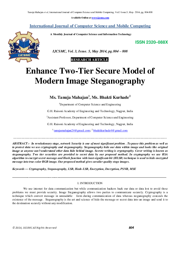 Pdf Enhance Two Tier Secure Model Of Modern Image Steganography