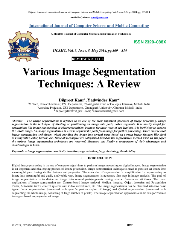 (PDF) Various Image Segmentation Techniques: A Review﻿
