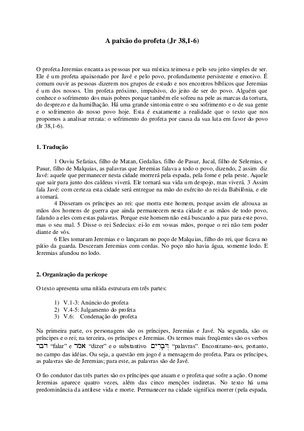 (PDF) KAEFER, José Ademar. A paixão do profeta – Jeremias 38,1-6 ...