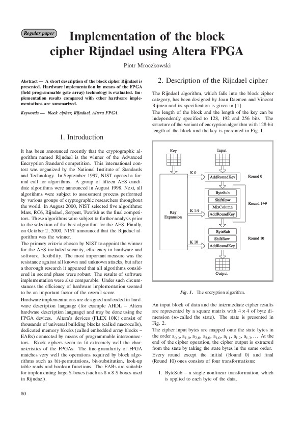 Pdf Implementation Of The Block Cipher Rijndael Using Altera Fpga Piotr Mroczkowski 