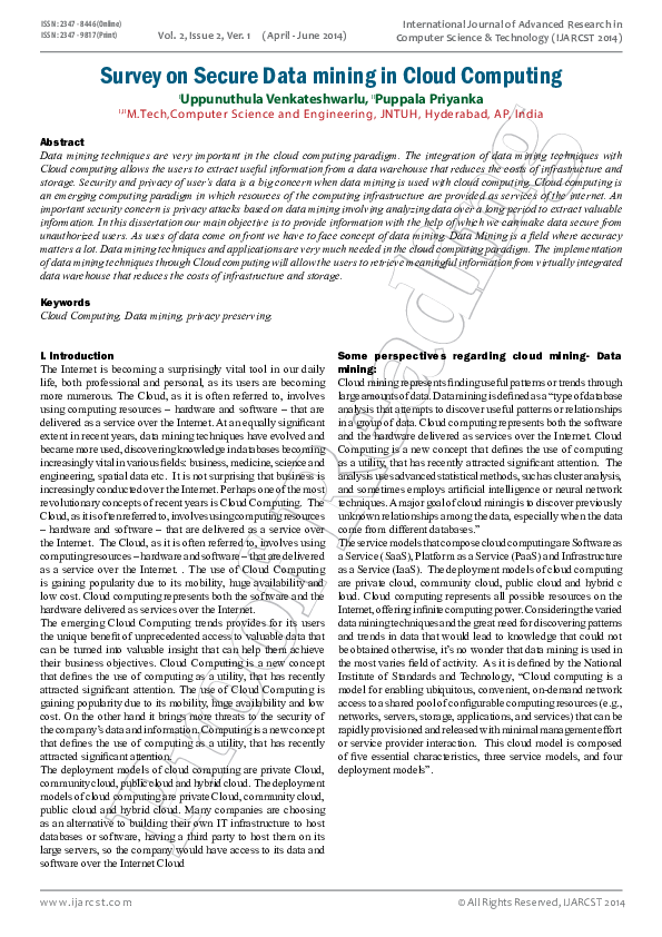 Pdf Survey On Secure Data Mining In Cloud Computing