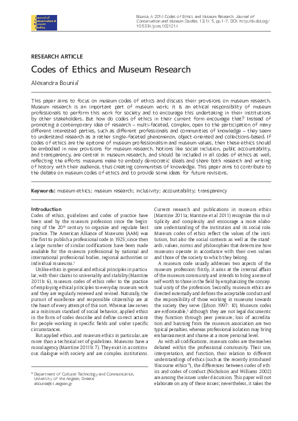 (PDF) Codes of ethics and museum research