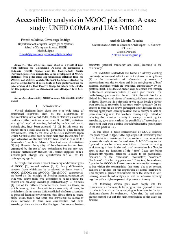 (PDF) Accessibility analysis in MOOC platforms. A case study: UNED COMA and UAb iMOOC