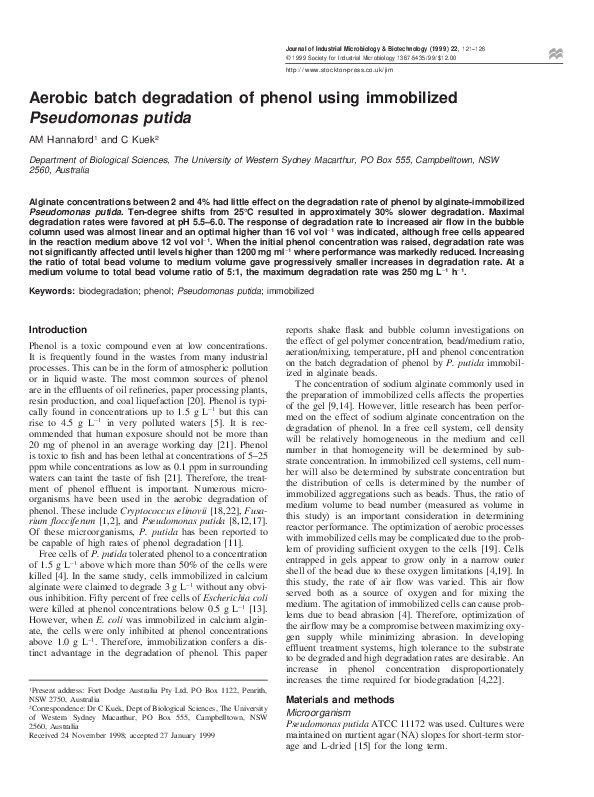 (PDF) Aerobic batch degradation of phenol using immobilized Pseudomonas putida