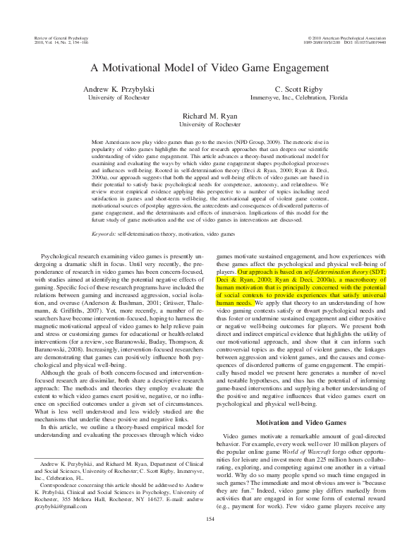 (PDF) A Motivational Model of Video Game Engagement