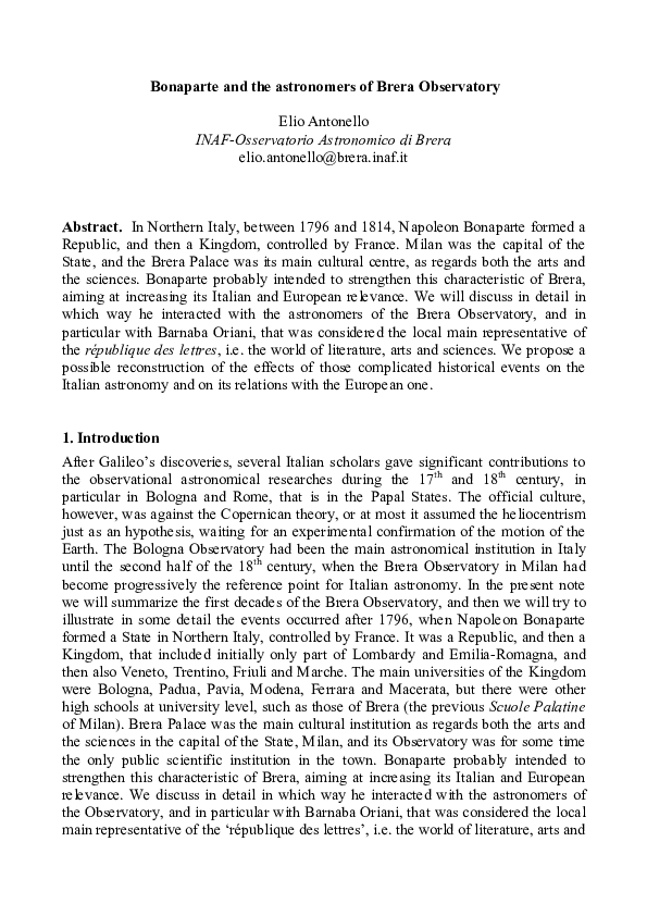 (PDF) Bonaparte and the astronomers of Brera Observatory