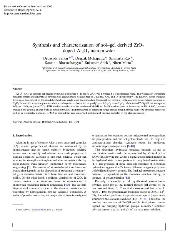 (PDF) Synthesis and characterization of sol-gel derived ZrO2 doped Al2O3 nanopowder | Deepak ...