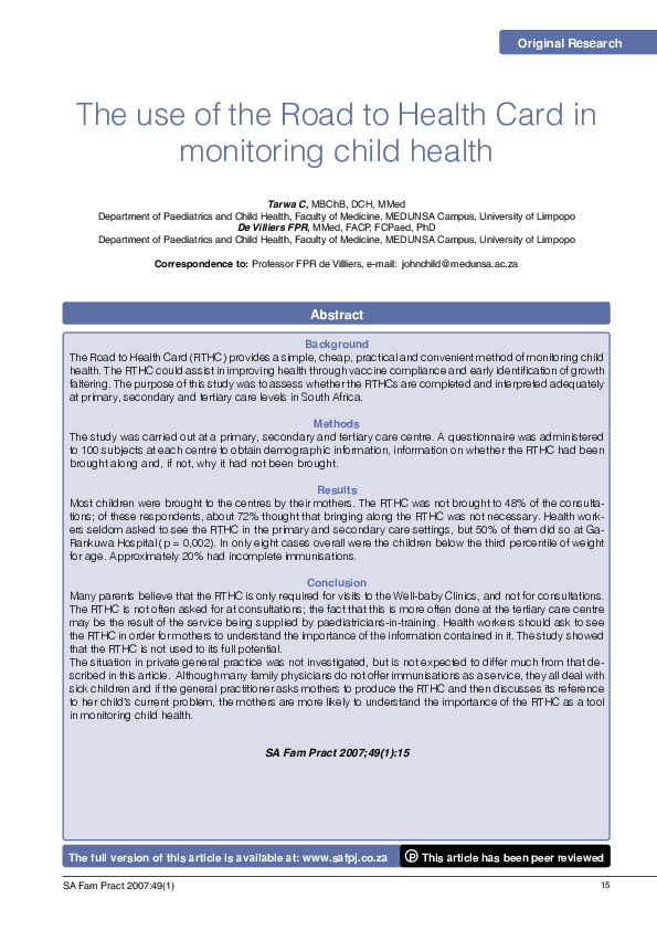 (PDF) Original Research The use of the Road to Health Card in ...