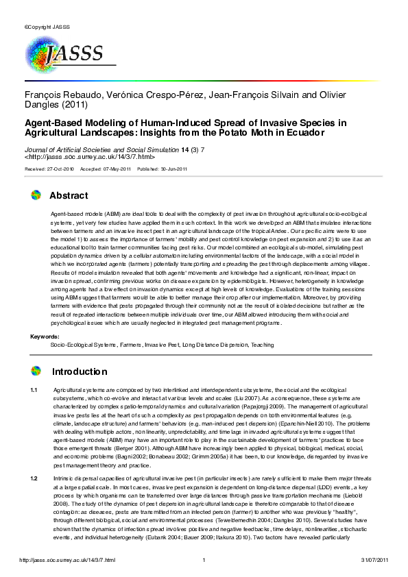 (PDF) Agent-Based Modeling of Human-Induced Spread of Invasive Species in Agricultural ...