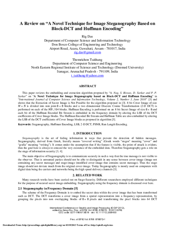Pdf A Review On A Novel Technique For Image Steganography Based On Block Dct And Huffman
