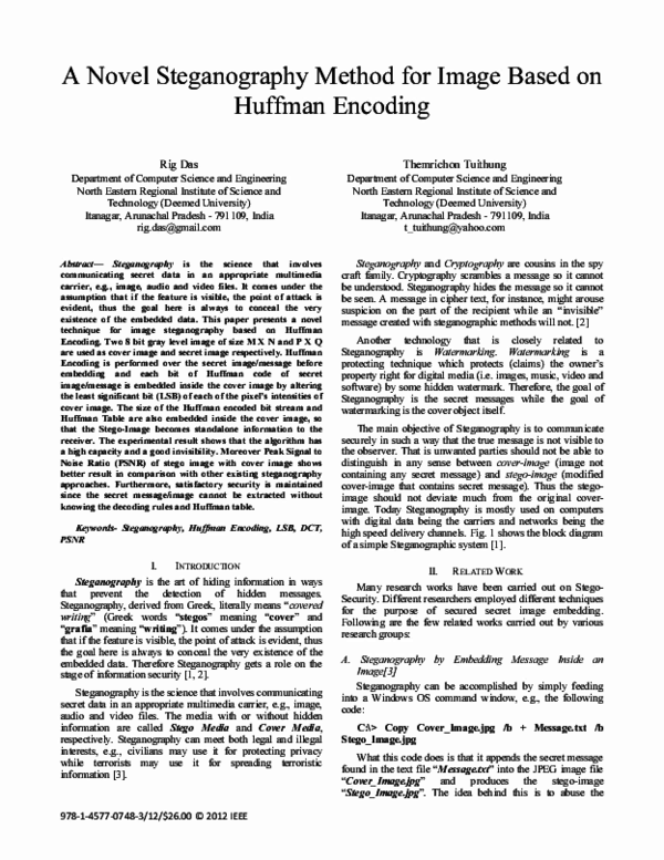 Pdf A Novel Steganography Method For Image Based On Huffman Encoding Rig Das