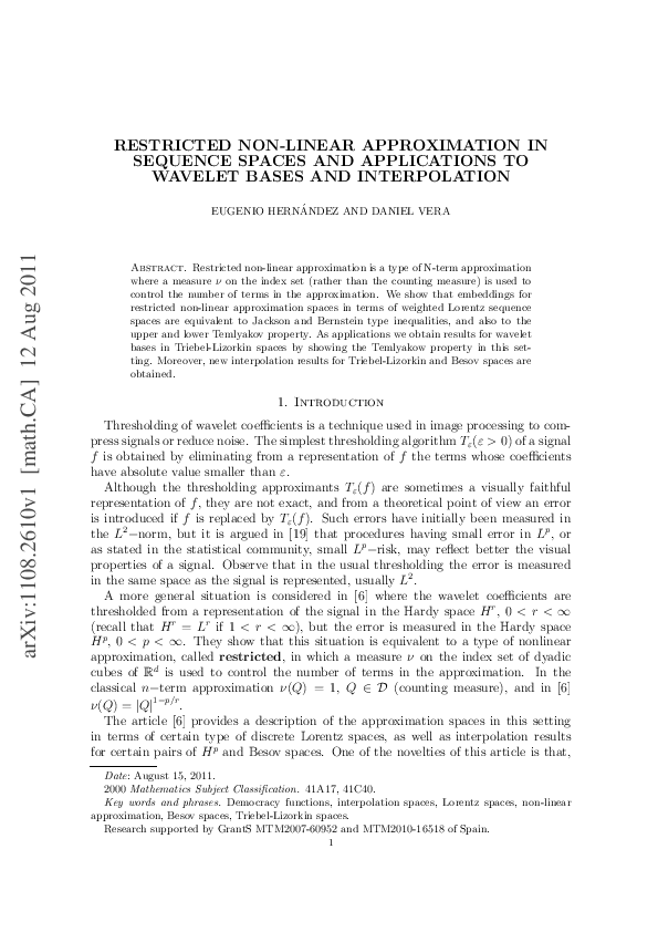 (PDF) Restricted non-linear approximation in sequence spaces and applications to wavelet bases ...
