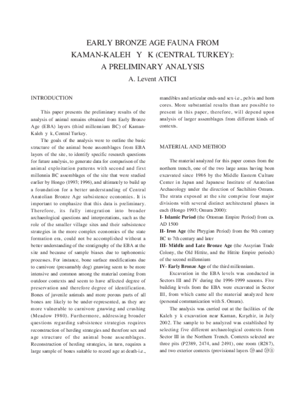 (PDF) Early Bronze Age fauna from Kaman Kalehöyük (Central Turkey): a ...