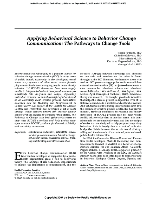(PDF) Applying Behavioral Science to Behavior Change Communication: The Pathways to Change Tools