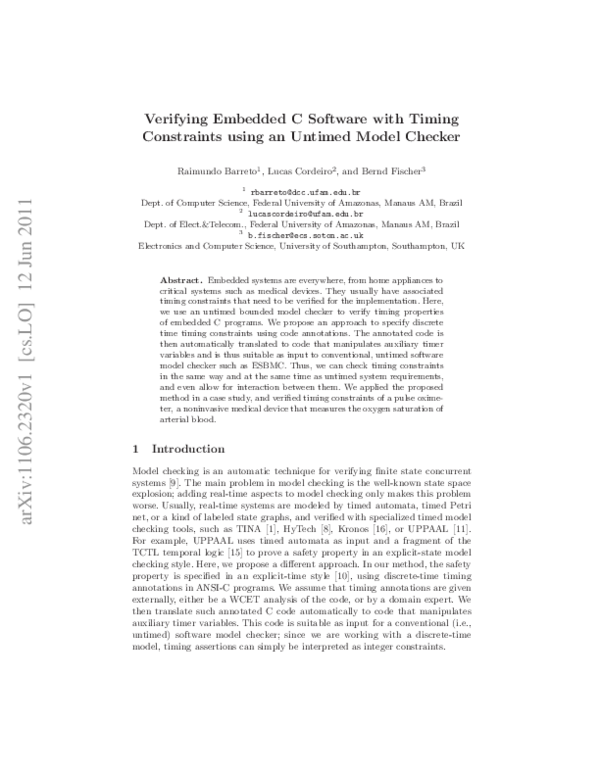 Pdf Verifying Embedded C Software With Timing Constraints Using An Untimed Model Checker