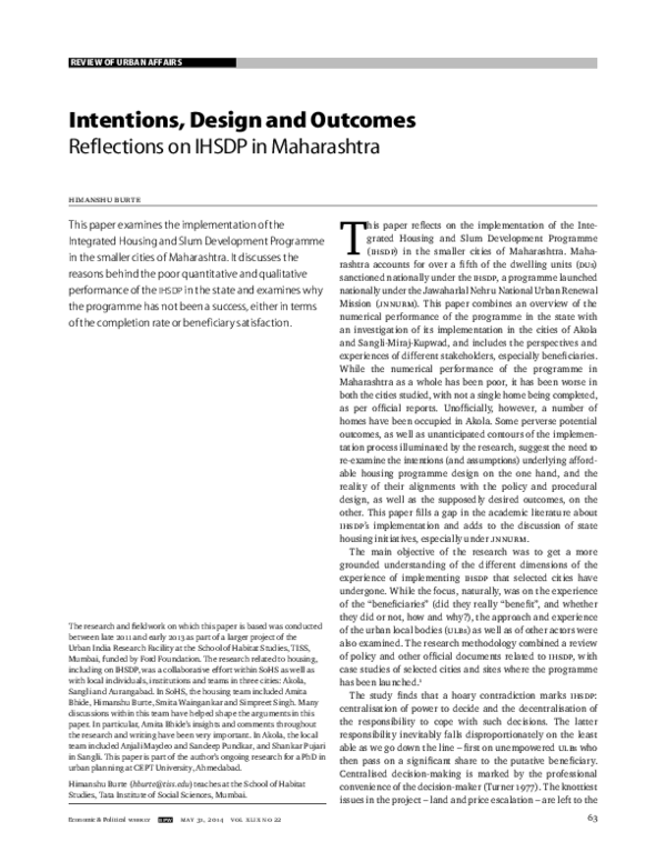 Intentions, Design and Outcomes: Reflections on IHSDP in Maharashtra