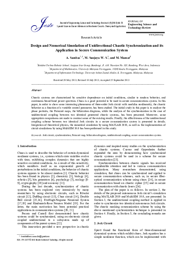 Pdf Synchronisation And Circuit Realisation Of Chaotic Hartley System F Emre Güleryüz