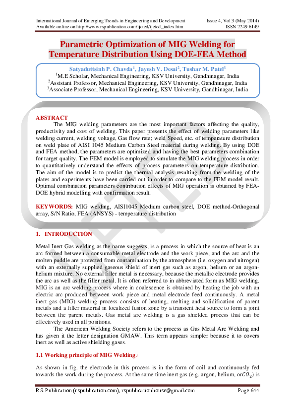 (PDF) Parametric Optimization of MIG Welding for Temperature Distribution Using DOE-FEA Method