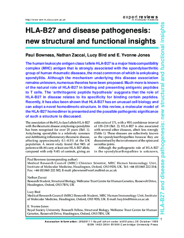 (PDF) HLA-B27 and disease pathogenesis: new structural and functional ...