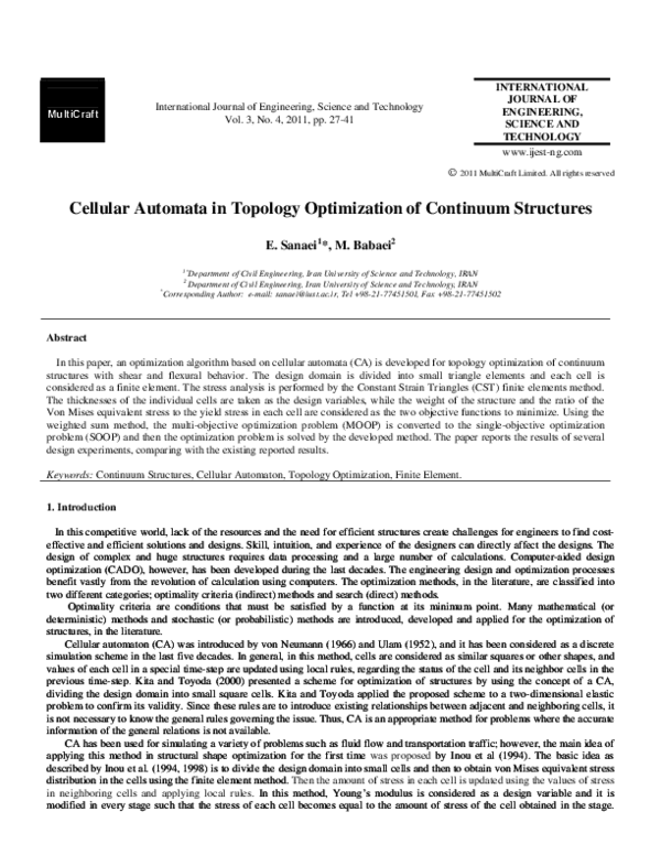 Pdf Cellular Automata In Topology Optimization Of Continuum Structures
