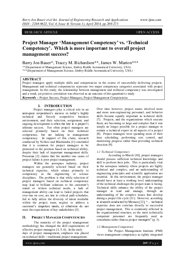 (PDF) Project Manager 'Management Competency' vs. 'Technical Competency ...