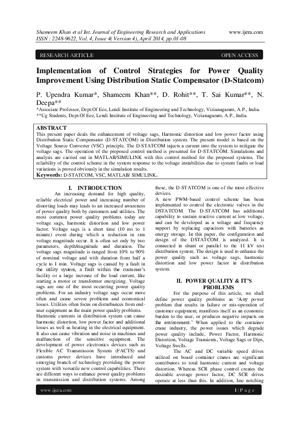 (PDF) Implementation of Control Strategies for Power Quality Improvement Using Distribution ...