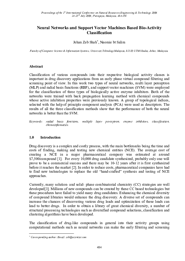 (PDF) Neural Networks and Support Vector Machines Based BioActivity Classification