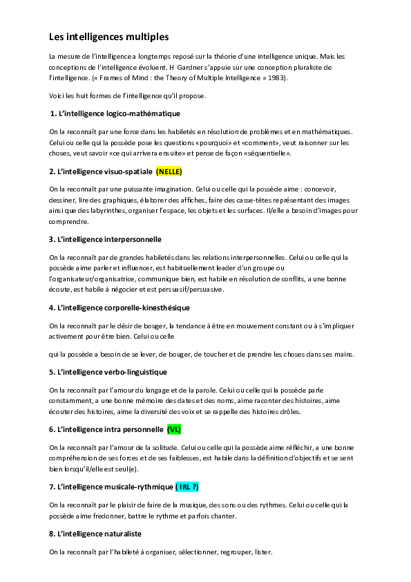 (DOC) Les intelligences multiples