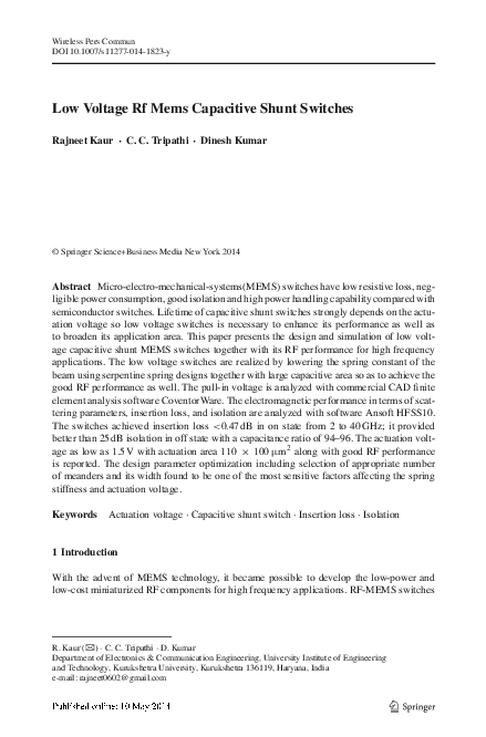 Pdf Low Voltage Rf Mems Capacitive Shunt Switches
