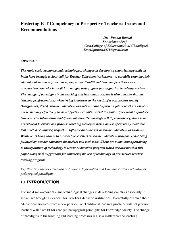 (DOC) Fostering ICT Competency in Prospective Teachers: Issues and ...