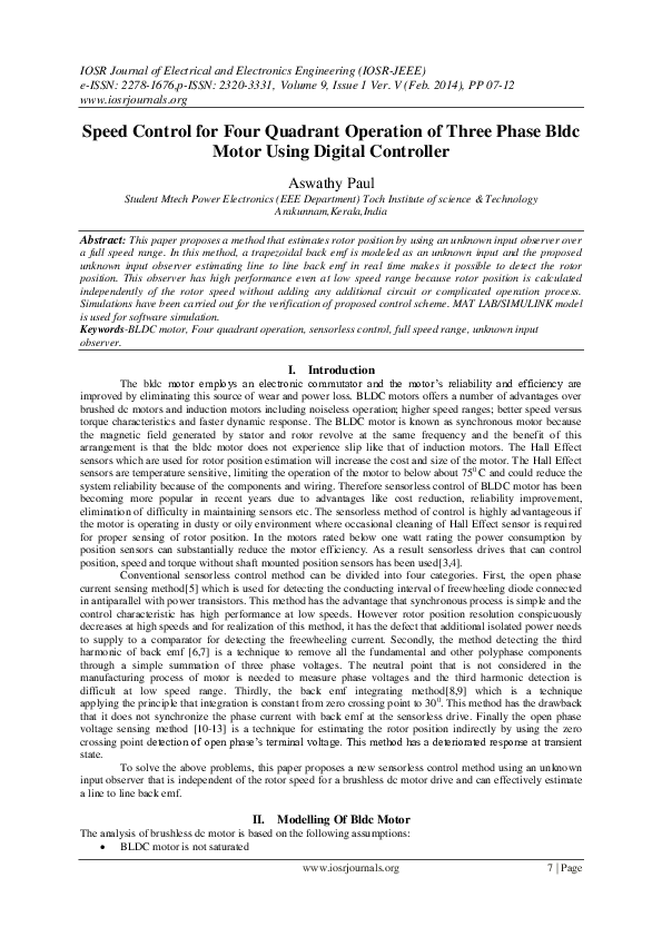 Pdf Speed Control For Four Quadrant Operation Of Three Phase Bldc Motor Using Digital Controller