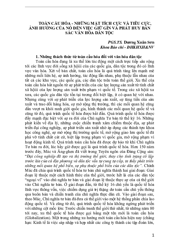 (DOC) TOÀN C U HÓA -NH NH H NG C A NÓ Đ N VI C GI GÌN VÀ PHÁT HUY B N S C VĂN HÓA DÂN T C D ng ...