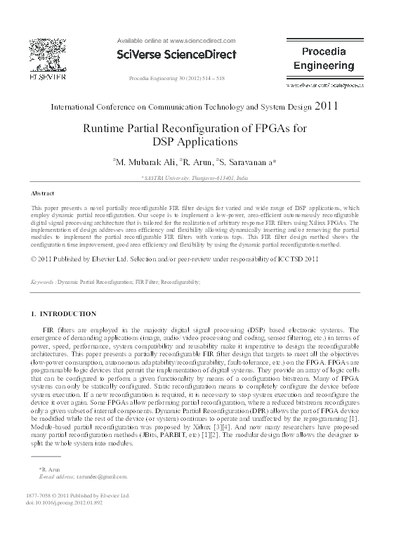 (PDF) Runtime Partial Reconfiguration of FPGAs for DSP Applications