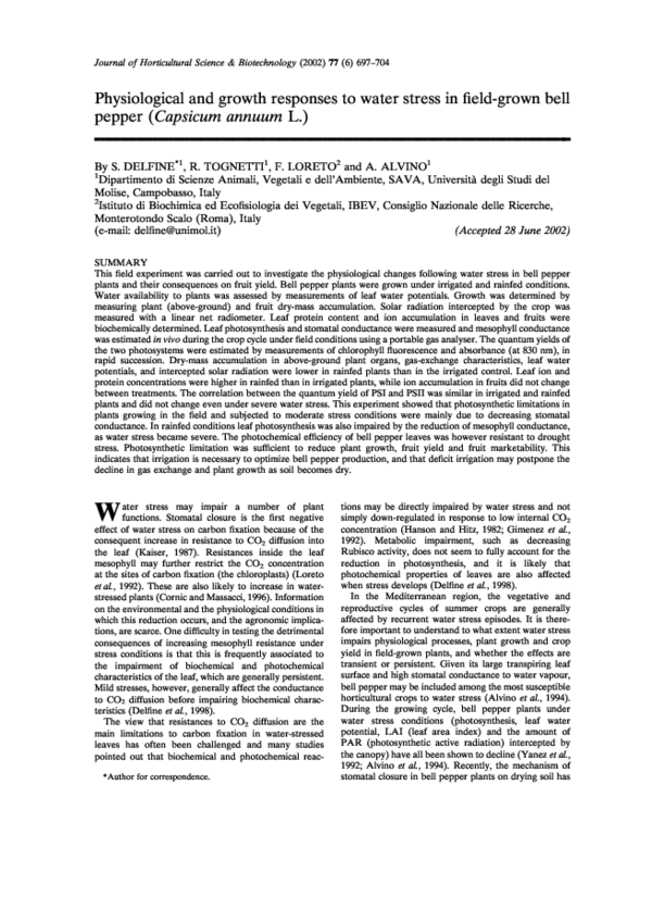 (PDF) Physiological and growth responses to water stress in ®eld-grown bell pepper (Capsicum ...