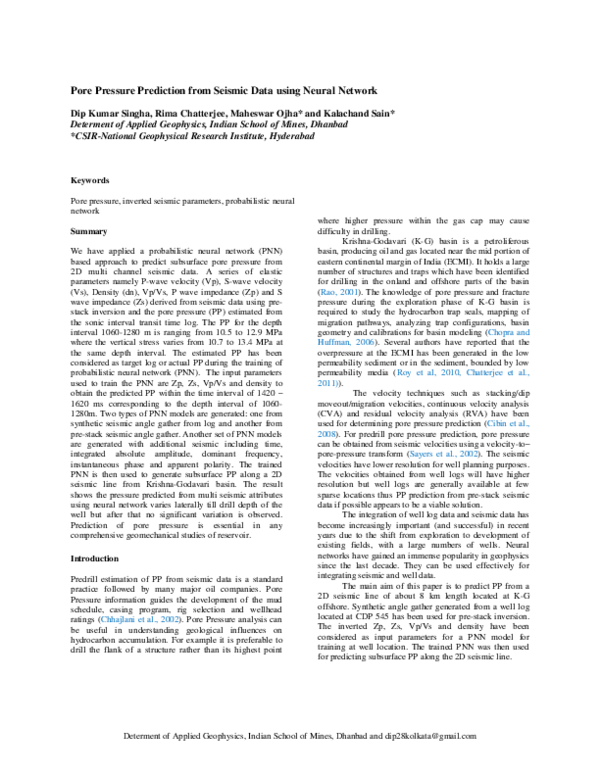 Pdf Pore Pressure Prediction From Seismic Data Using Neural Network