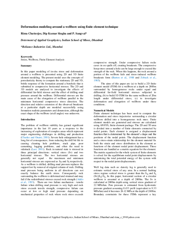 Pdf Deformation Modeling Around A Wellbore Using Finite Element Technique