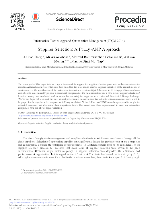 Pdf Supplier Selection A Fuzzy Anp Approach