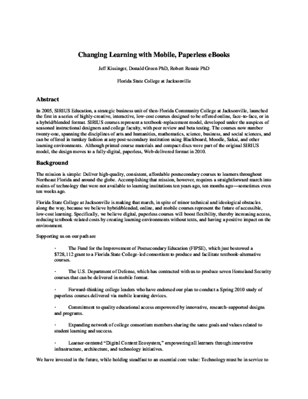 (DOC) Changing Learning with Mobile, Paperless eBooks