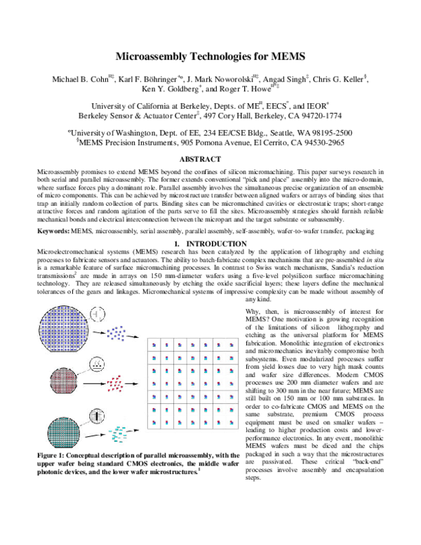 Pdf Microassembly Technologies For Mems