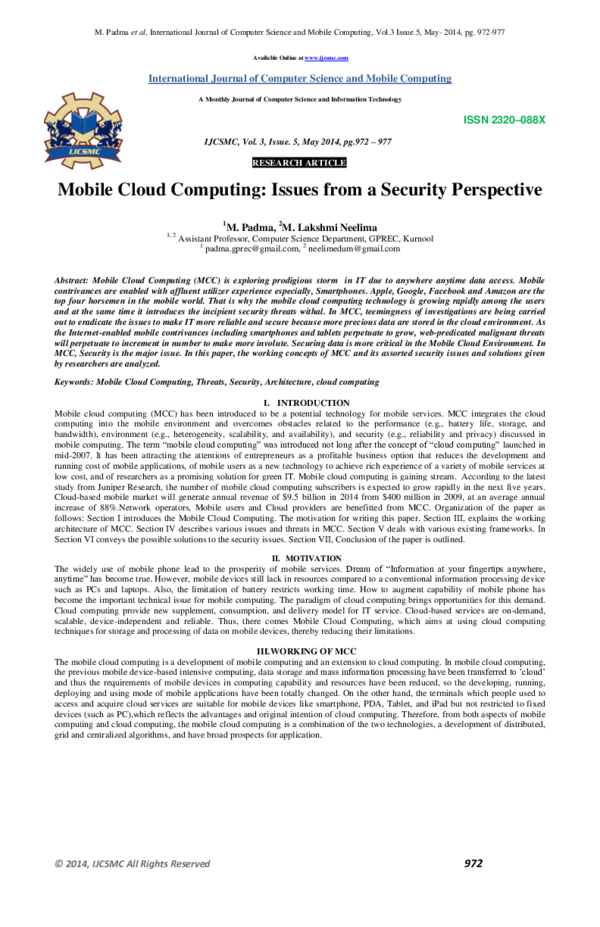 Pdf Mobile Cloud Computing Issues From A Security Perspective