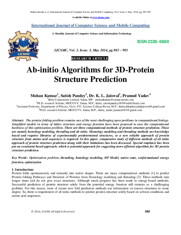 Pdf Ab Initio Algorithms For 3d Protein Structure Prediction