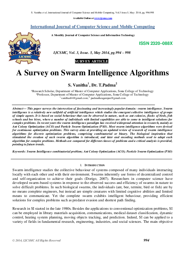 (PDF) A Survey on Swarm Intelligence Algorithms﻿
