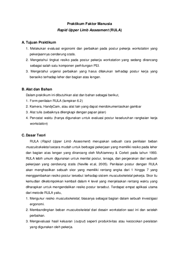 (DOC) Praktikum Faktor Manusia Rapid Upper Limb Assesment (RULA