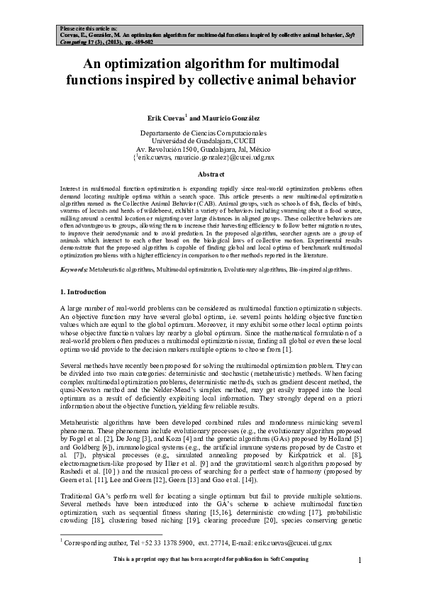 Pdf An Optimization Algorithm For Multimodal Functions Inspired By