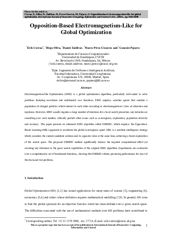 (PDF) Opposition-Based Electromagnetism-Like for Global Optimization